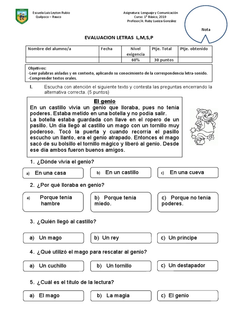 Evaluacion De Letra M S L P Pdf