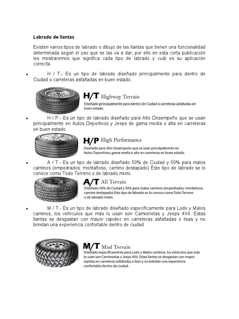 Tipos de labrado de llantas y su uso | PDF | Neumático | Vehículos