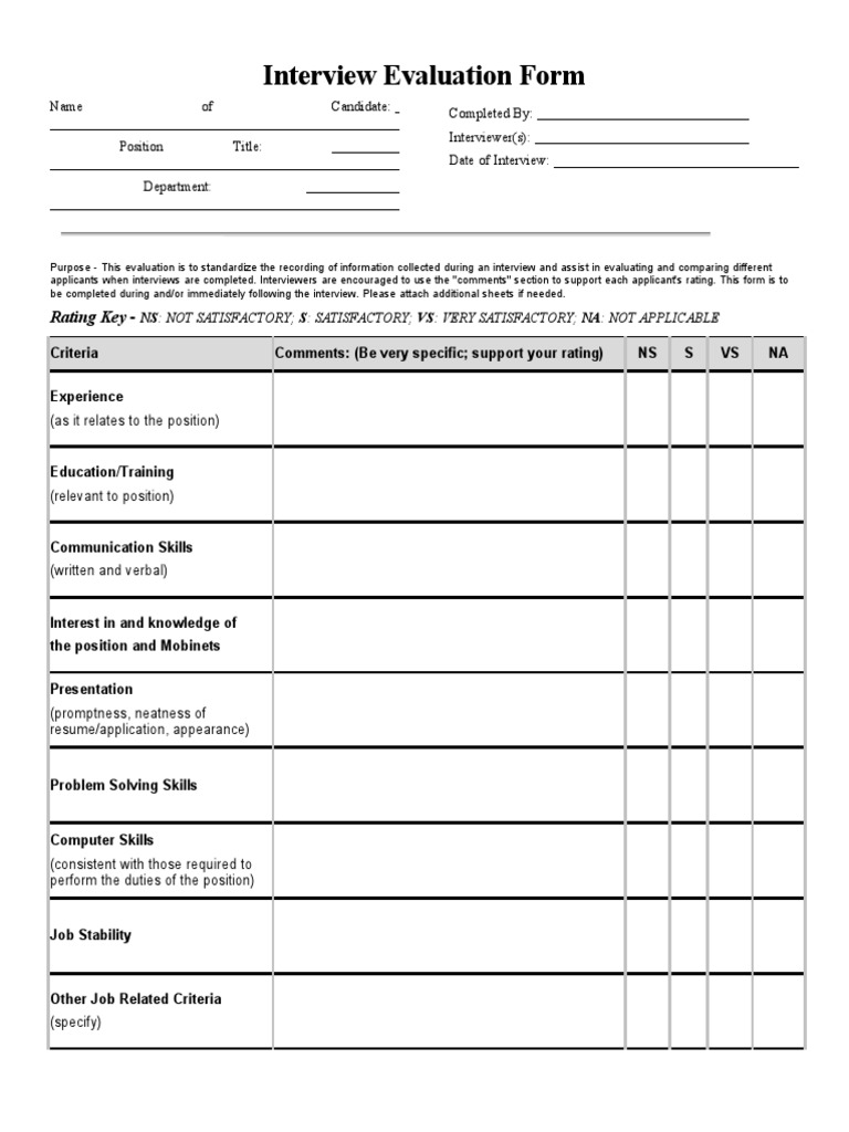 Interview Evaluation Form: Rating Key | PDF | Interview | Performance ...