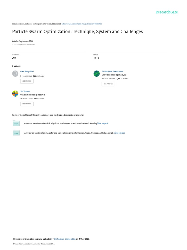 Particle Swarm Optimization: Technique, System and Challenges | PDF | Mathematical Optimization ...