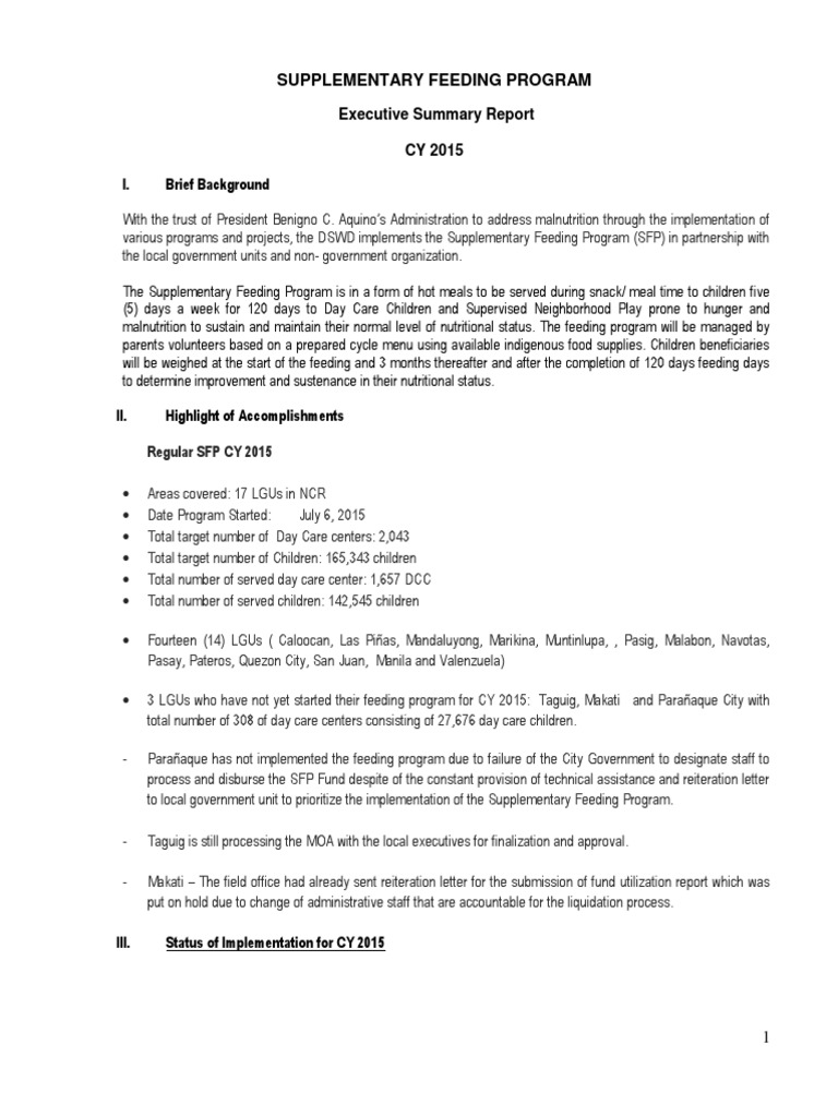 Supplementary Feeding Program: Executive Summary Report CY 2015 I ...