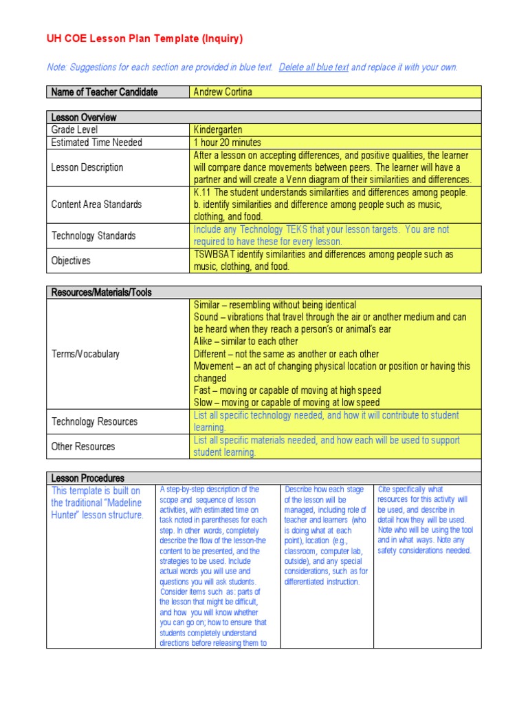 UH COE Lesson Plan Template (Inquiry) | PDF | Differentiated Instruction | Learning