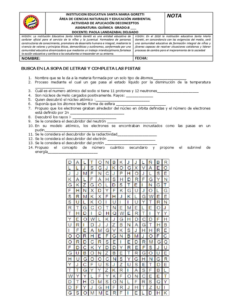 Sopa Letras Atomo | PDF | Átomos | Núcleo atómico