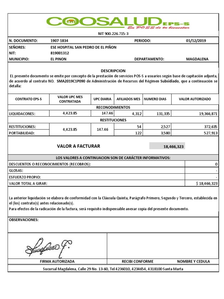 Liquidación Servicios POS-S Diciembre 2019 | PDF | Business | Salud y ...