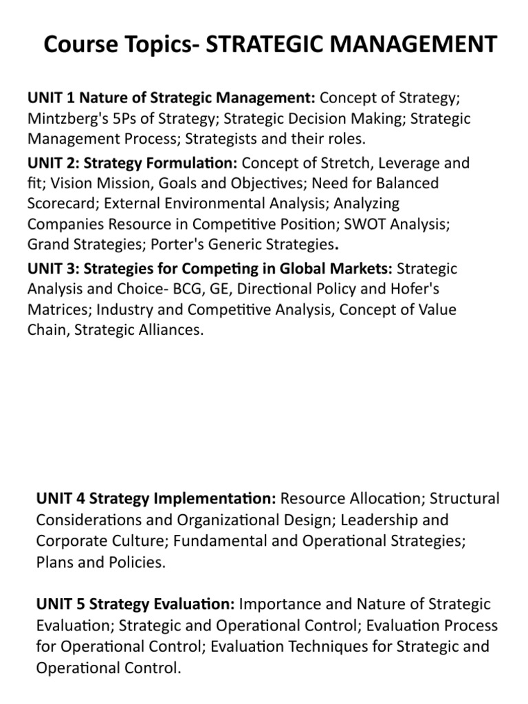 Course Topics-Strategic Management: UNIT 1 Nature of Strategic ...