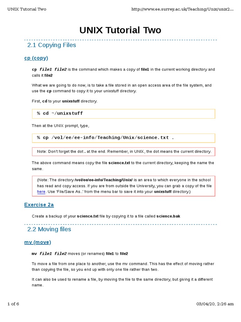 UNIX Tutorial Two: 2.1 Copying Files | PDF | Computer File | Text File