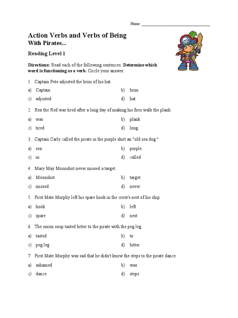Action Verbs and Verbs of Being Worksheet Reading Level 01 | PDF ...