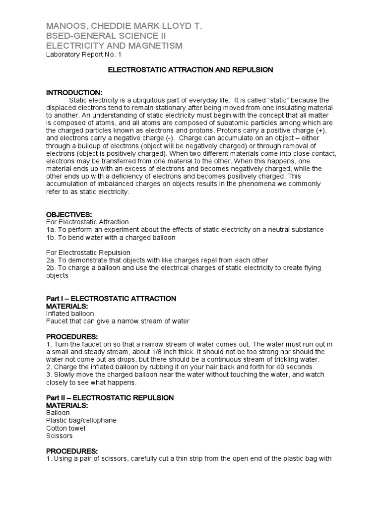 Electrostatic Attraction and Repulsion (Manoos) | PDF | Nature