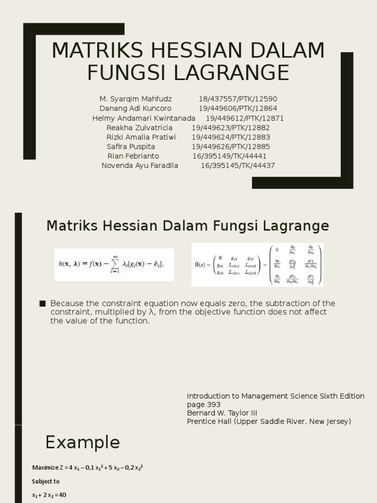Matriks Hessian Dalam Fungsi Lagrange | PDF | Teaching Methods & Materials