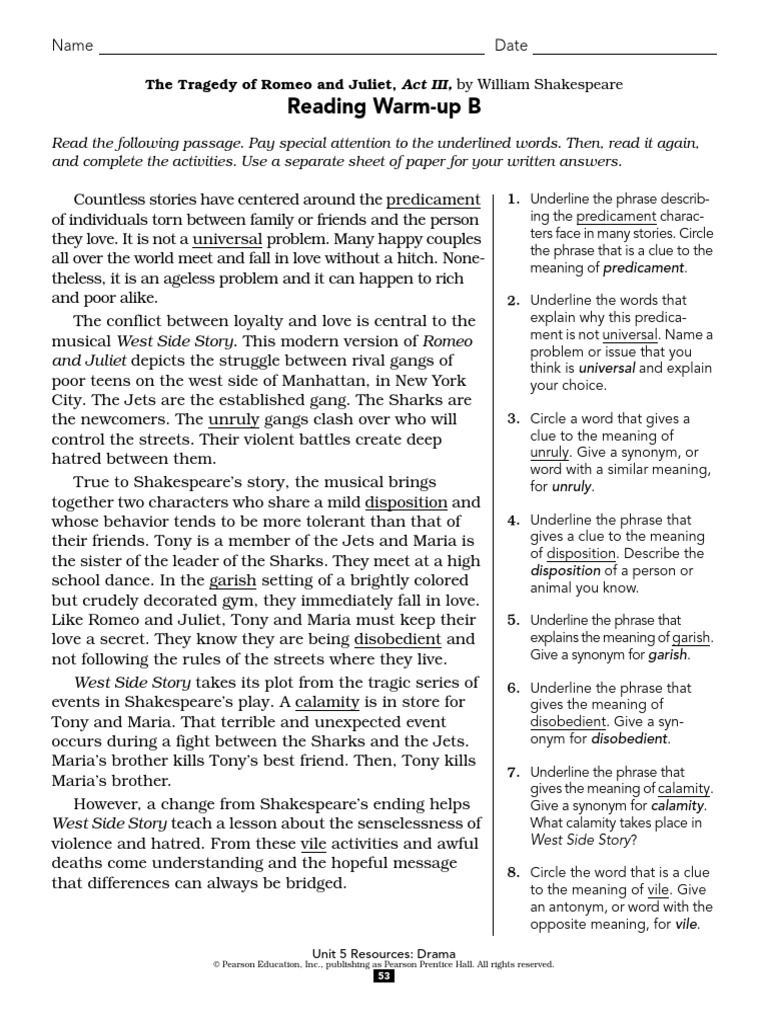 Romeo and Juliet Act III Reading Warm Up B PDF | PDF | Romeo And Juliet ...