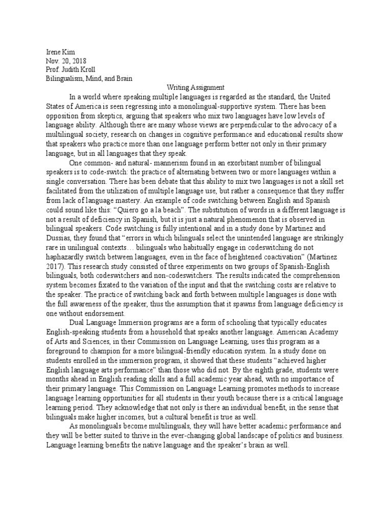 Irene Kim Nov. 20, 2018 Prof. Judith Kroll Bilingualism, Mind, and ...