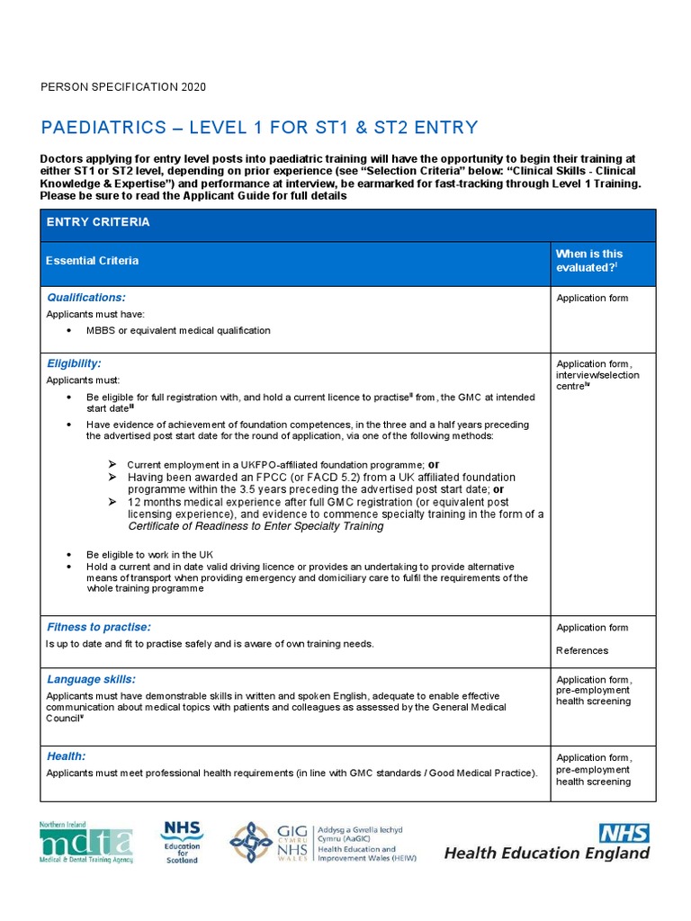 Paediatrics ST1 Application Criteria 2025 | PDF | Patient Safety ...