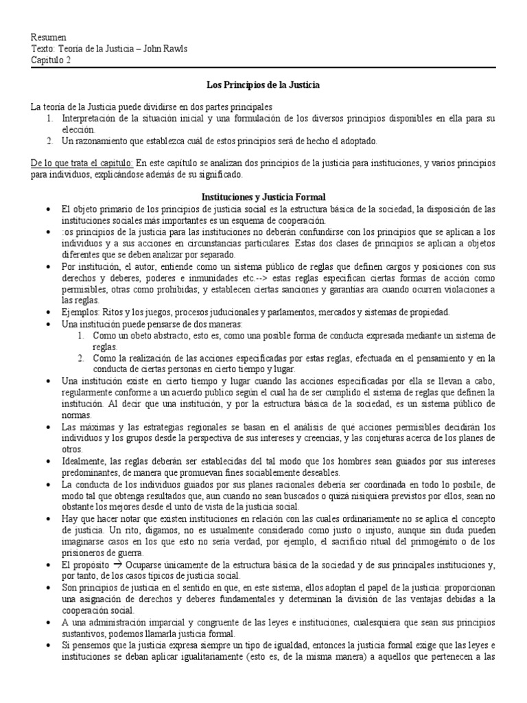 Resumen - Capitulo 2 Teoría de La Justicia - John Rawls | PDF | Desigualdad social ...