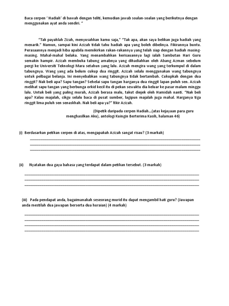 Latihan Pemahaman Cerpen Hadiah | PDF