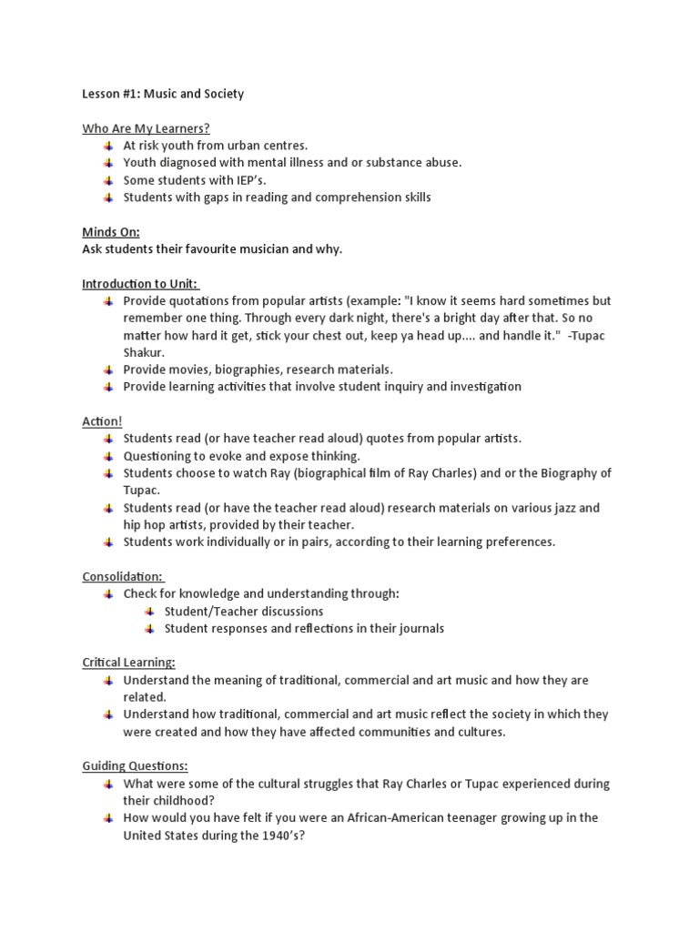 Music and Society Unit Lesson 1 | PDF | Learning | Reading Comprehension