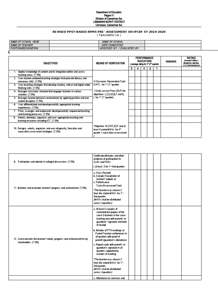 Revised Ppst-Based Rpms Pre-Assessment On Ipcrf Sy 2019-2020 | PDF ...