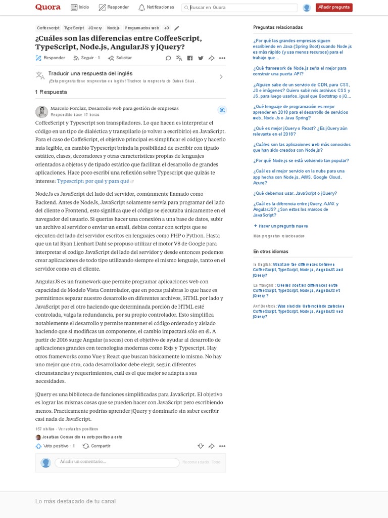 ¿cuáles Son Las Diferencias Entre Coffeescript Typescript Node Js Angularjs Y Jquery