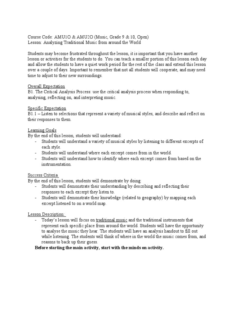 Music Grade 9 10 Lesson - Analyzing Traditional Music From Around The ...
