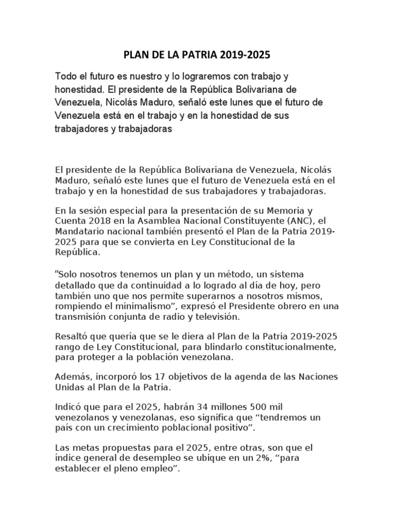 Plan de La Patria 2019 | PDF | Nicolás Maduro | Venezuela