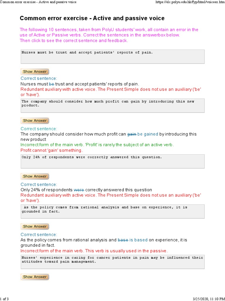Common Error Exercise - Active and Passive Voice | PDF | Verb ...