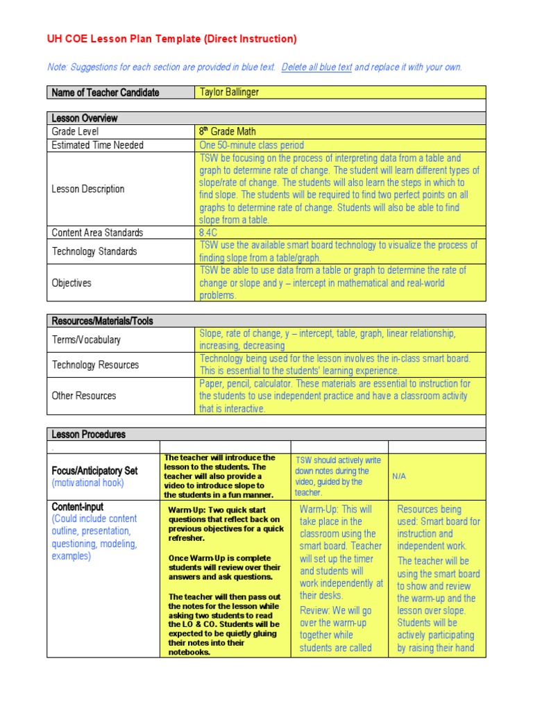 UH COE Lesson Plan Template (Direct Instruction) | PDF | Lesson Plan ...