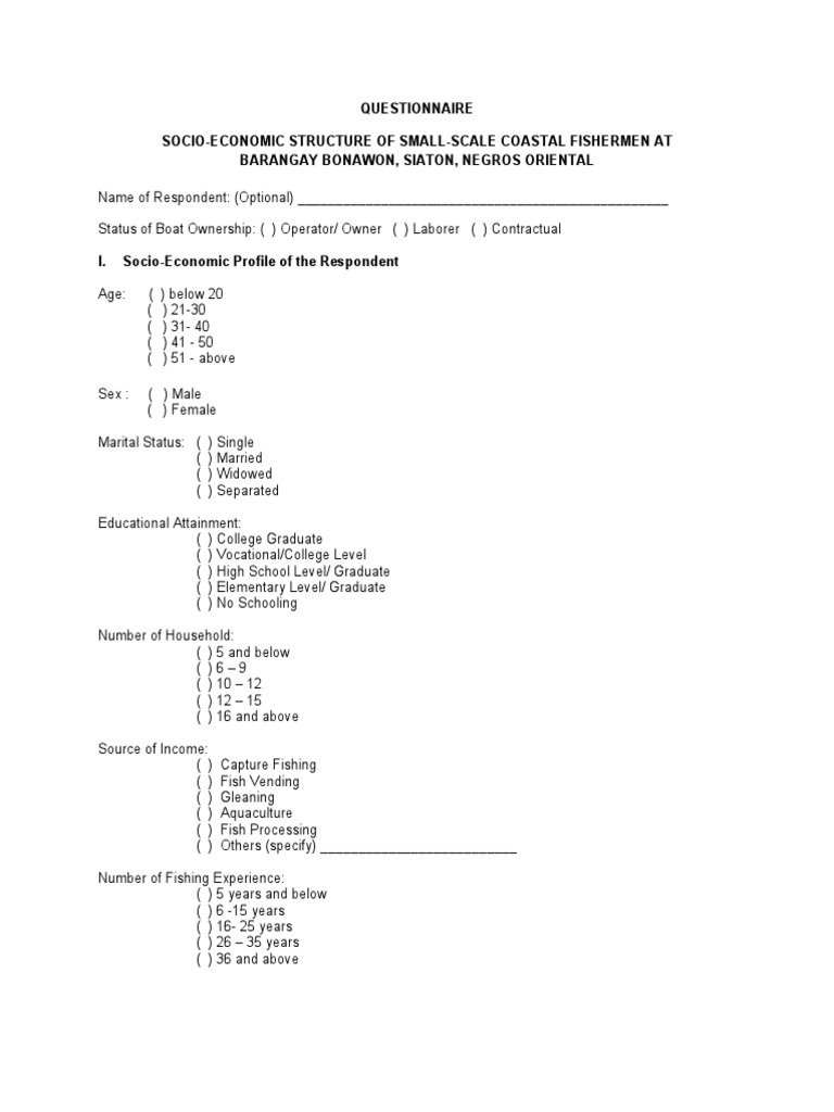 Questionnaire Socio-Economic Structure of Small-Scale Coastal Fishermen ...