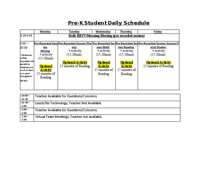 Pre-K Daily Schedule | PDF