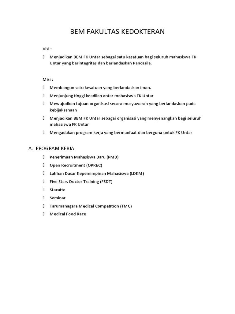 BEM FK Untar: Visi dan Program Kerja | PDF