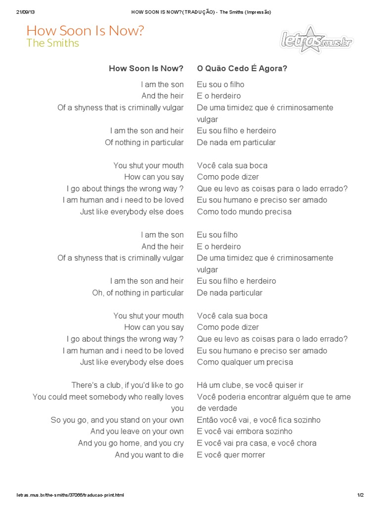 HOW SOON IS NOW - (TRADUÇÃO) - The Smiths (Impressão) | PDF | Os Smiths ...