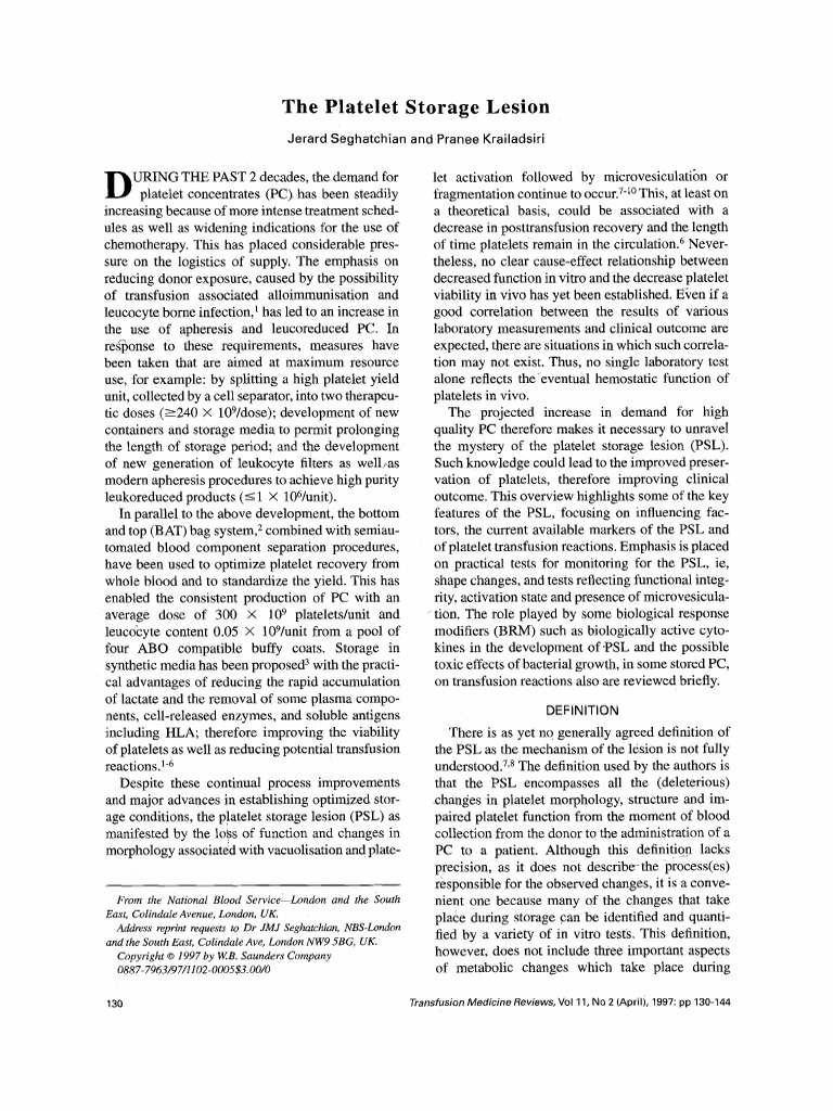 The Platelet Storage Lesion | PDF | Platelet | Blood Transfusion