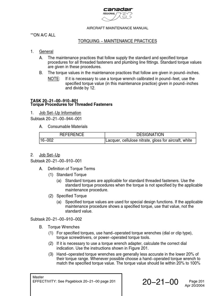 Aircraft Maintenance Manual: TASK 20 21 00 910 801 Torque Procedures ...
