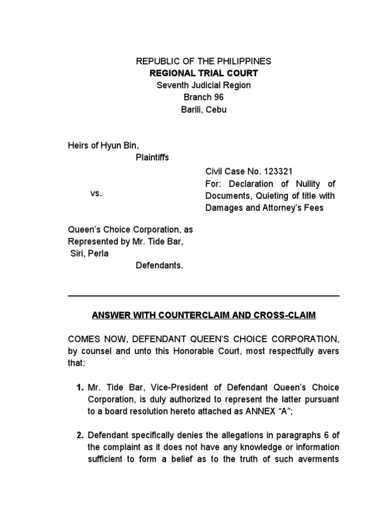 Answer With Counterclaim and Cross Claim | PDF | Cause Of Action | Lawsuit