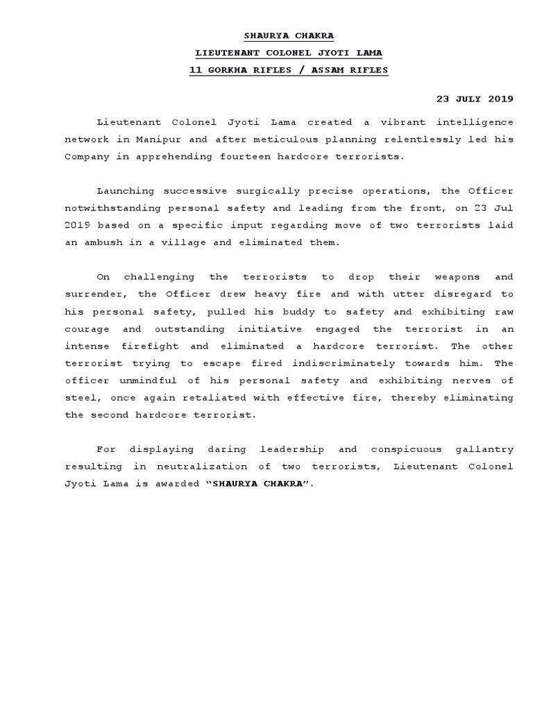 Citation of Shaurya Chakra | PDF | Military Operations | Military Science