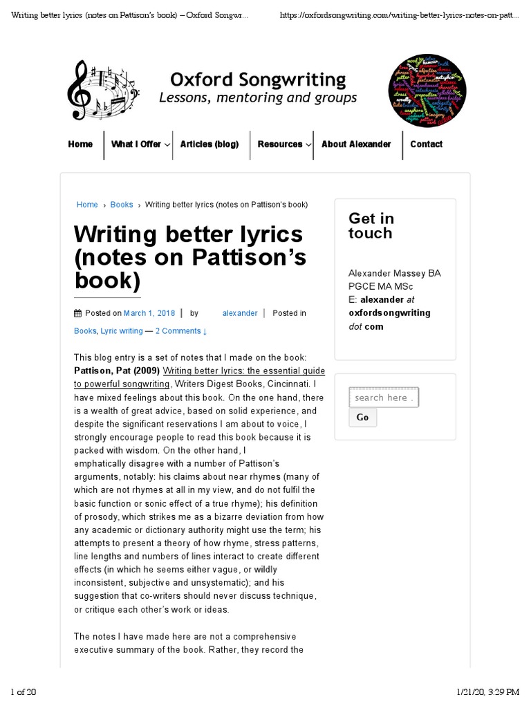 Writing Better Lyrics (Notes On Pattison's Book) - Oxford Songwriting ...