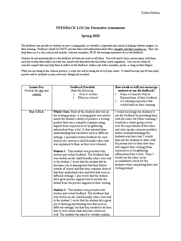Feedback Log | Download Free PDF | Rubric (Academic) | Learning