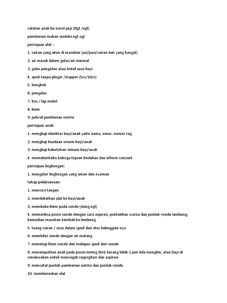 SOP Pemberian Makan Dan Pemasangan NGT Ogt | PDF