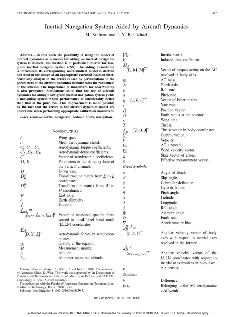 Inertial Navigation System Aided by Aircraft Dynamics: M. Koifman and I ...
