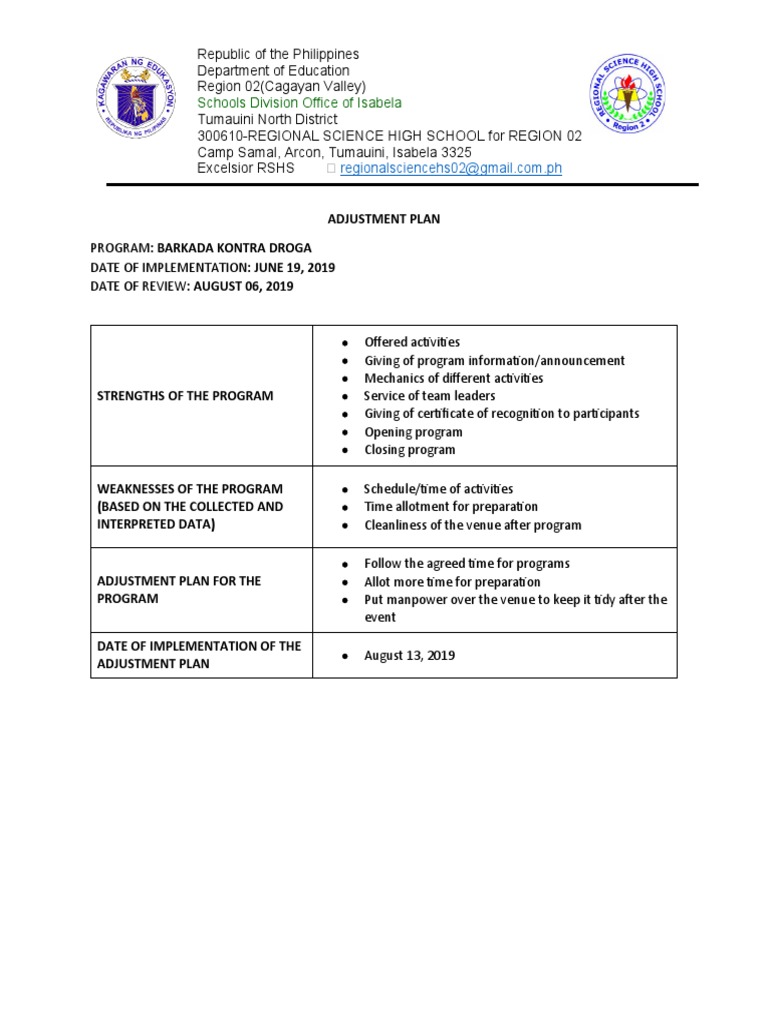 Adjustment Plan: Schools Division Office of Isabela | PDF