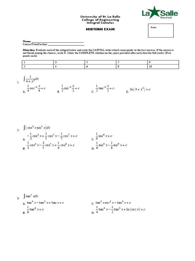 Integral Calculus Midterm Exam | PDF | Physical Quantities ...