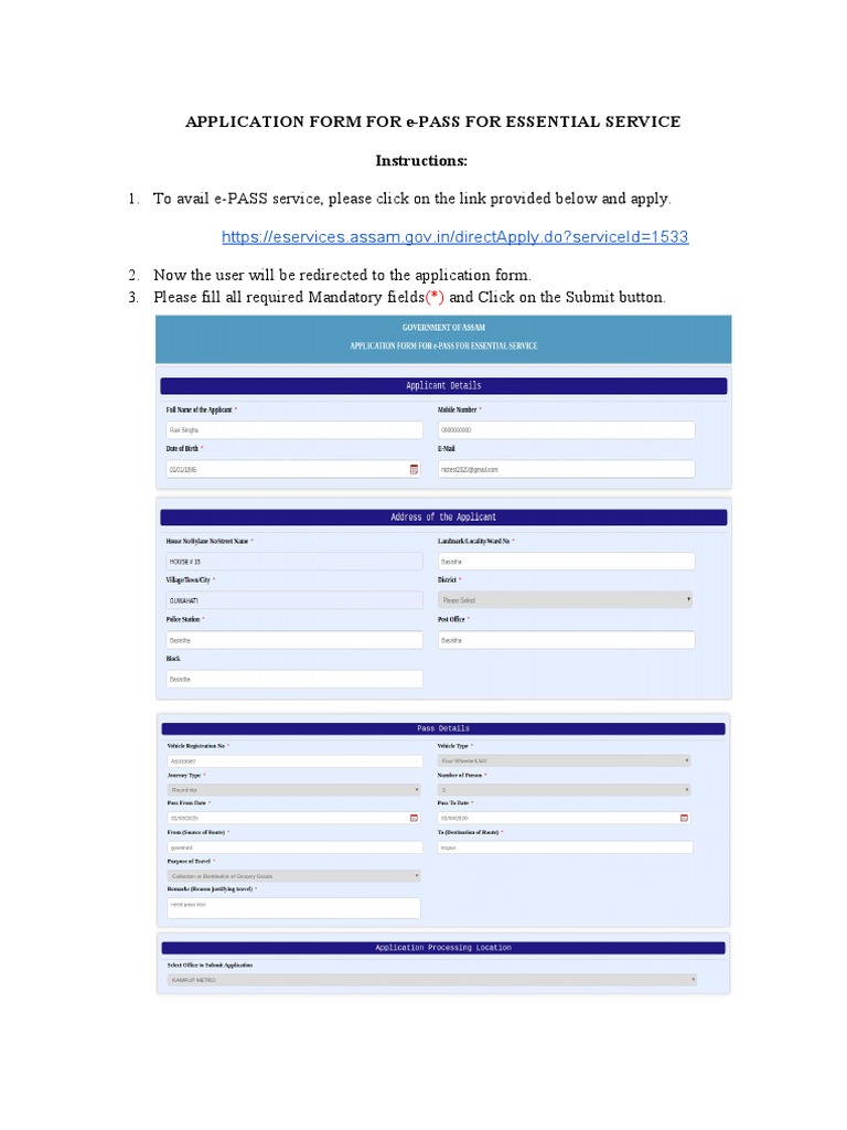 Application Form For E-Pass For Essential Service Instructions | PDF