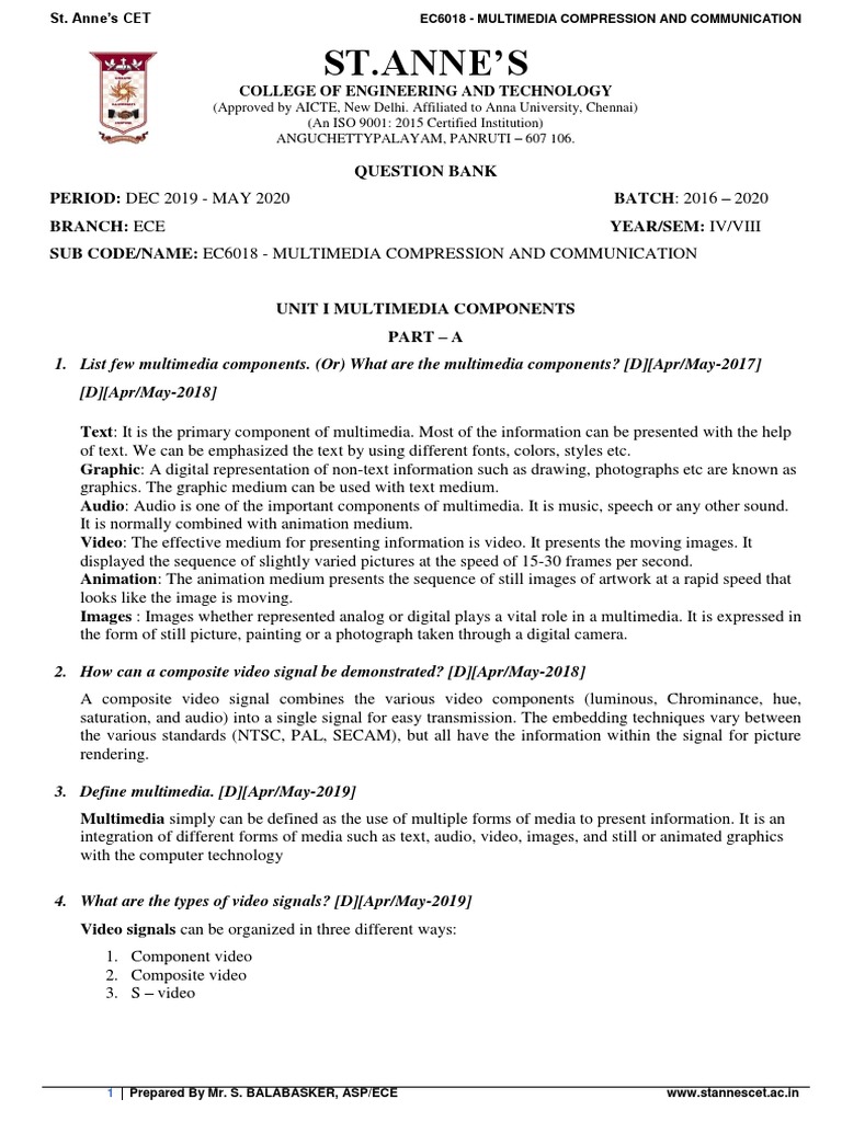 EC6018 MULTIMEDIA COMPRESSION AND COMMUNICATION Question Bank | PDF | Data Compression | Code