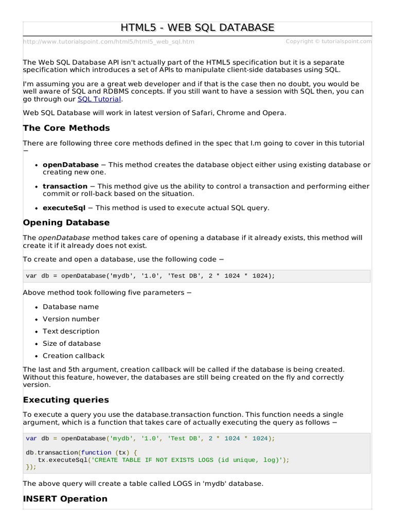 Html5 Web Sql Database Tutorialspoint Pdf Sql Databases 2433