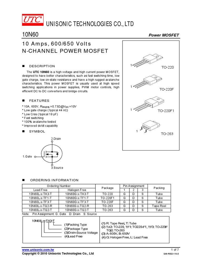 Unisonic Technologies Co., LTD: 10 Amps, 600/650 Volts N-Channel Power ...