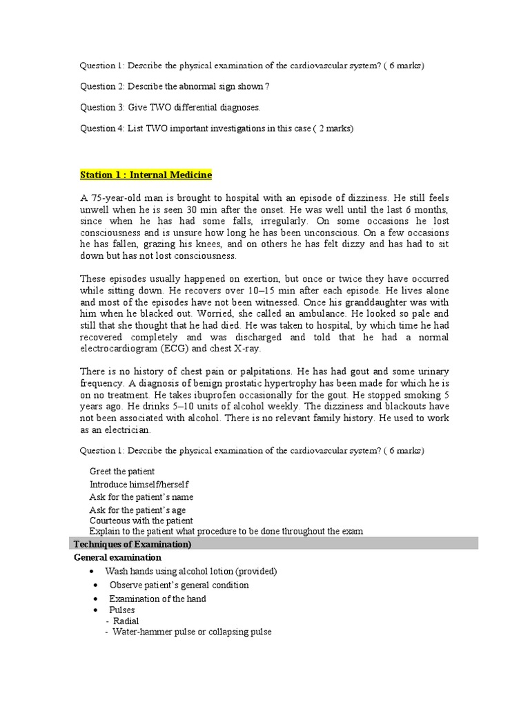 Station 1: Internal Medicine: Techniques of Examination) General ...