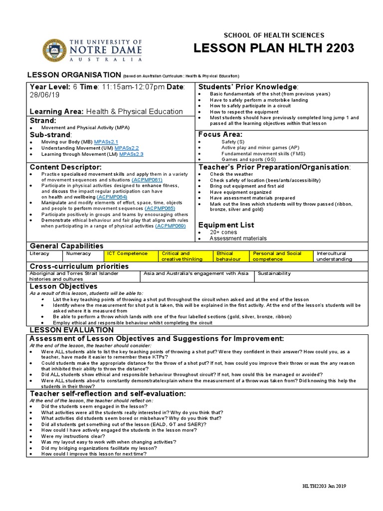 Lesson Plan HLTH 2203: School of Health Sciences | PDF | Physical ...