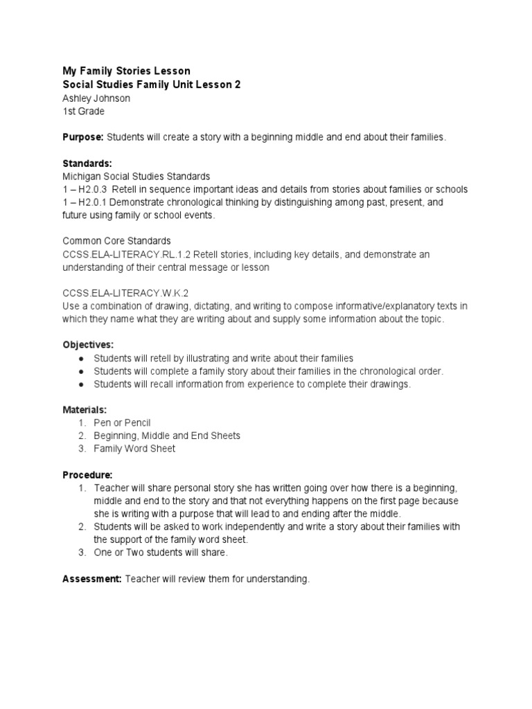 My Family Stories Lesson Social Studies Family Unit Lesson 2 | PDF ...