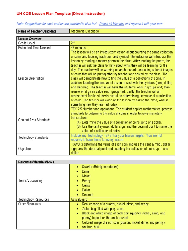 UH COE Lesson Plan Template (Direct Instruction) | PDF | Lesson Plan ...