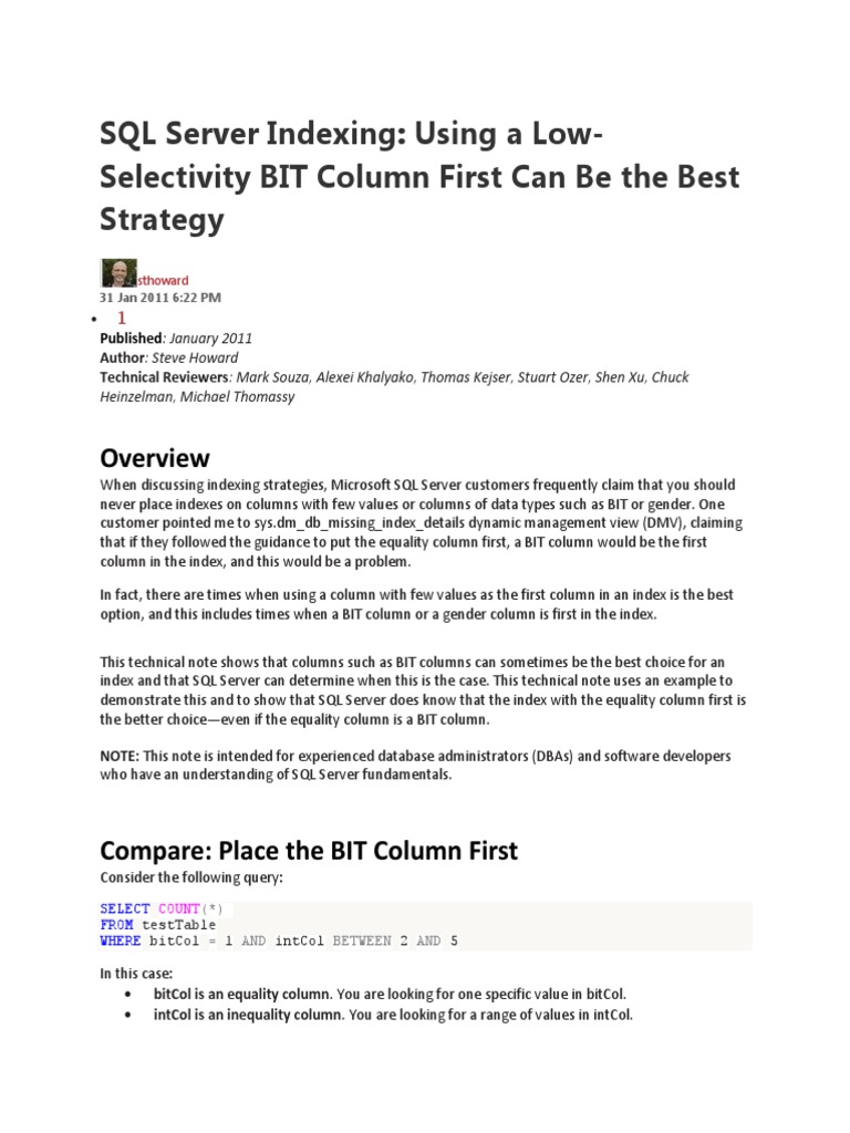 SQL Server Indexing - Low Selectivity Column First | Download Free PDF ... SQL Server Indexing - Low Selectivity Column First | Download Free PDF ...