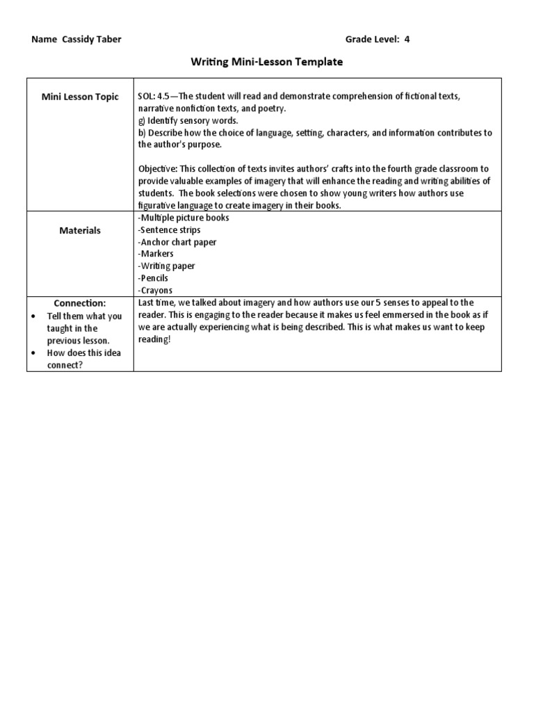 Writing Mini-Lesson Template: Name Cassidy Taber Grade Level: 4 | PDF ...