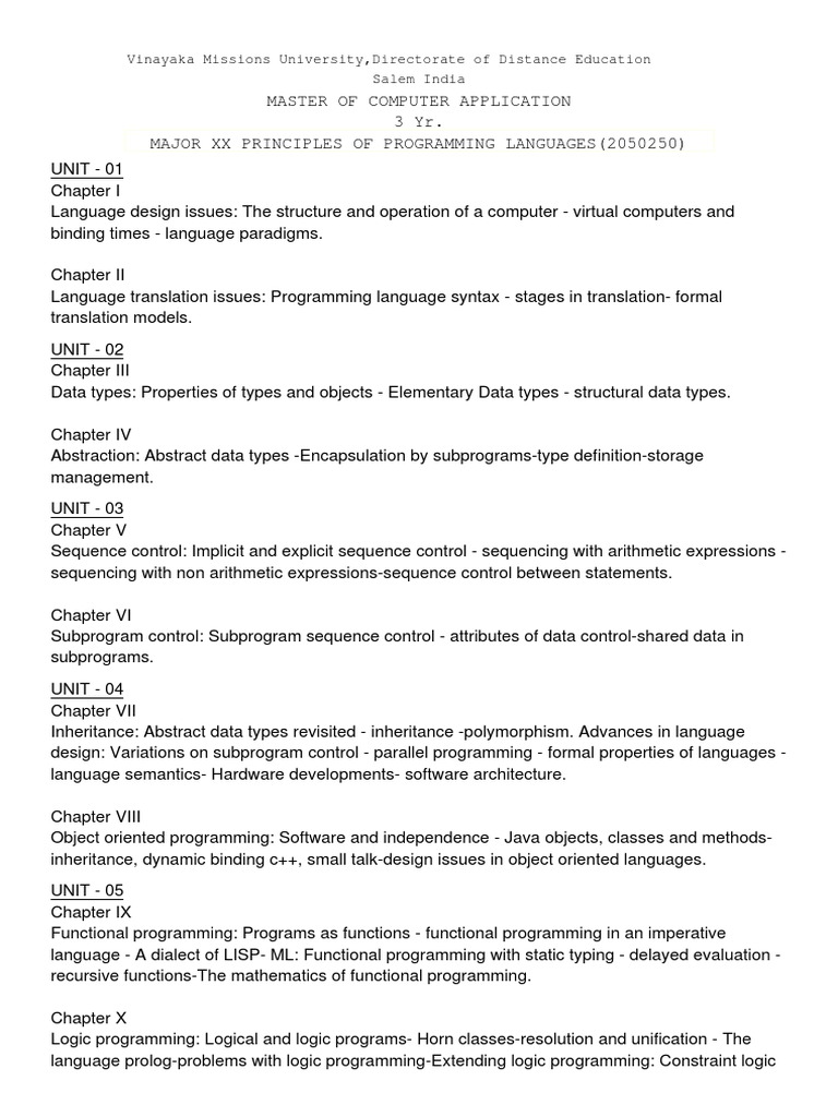 Master of Computer Application 3 Yr. Major XX Principles of Programming ...